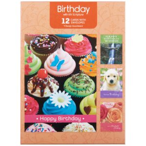 paper craft ig98639-re religious birthday card assortment box set with envelopes, 12 cards, 4.75'' w x 6.5'' h, cupcake, waterfall, puppy, and floral photography