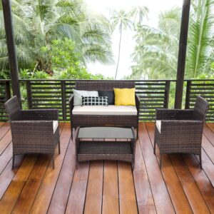 tangkula rattan sofa 4 pcs patio wicker furniture set outdoor garden lawn poolside, onesize, beige