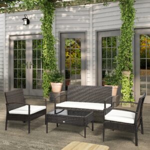 Outsunny Patio Furniture Set, 4 Piece Indoor Outdoor PE Wicker Conversation Set with Chairs, Loveseat Sofa, Cushions, Glass Table for Backyard, Sunroom, Pool, Garden, Brown