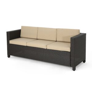 Christopher Knight Home Puerta Outdoor Wicker 3-Seater Sofa, Dark Brown / Beige Cushion