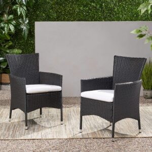 Christopher Knight Home Malta Outdoor Wicker Dining Chairs with Water Resistant Cushions, 2-Pcs Set, Black / White / Black