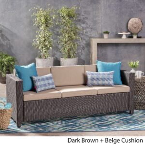 Christopher Knight Home Puerta Outdoor Wicker 3-Seater Sofa, Dark Brown / Beige Cushion