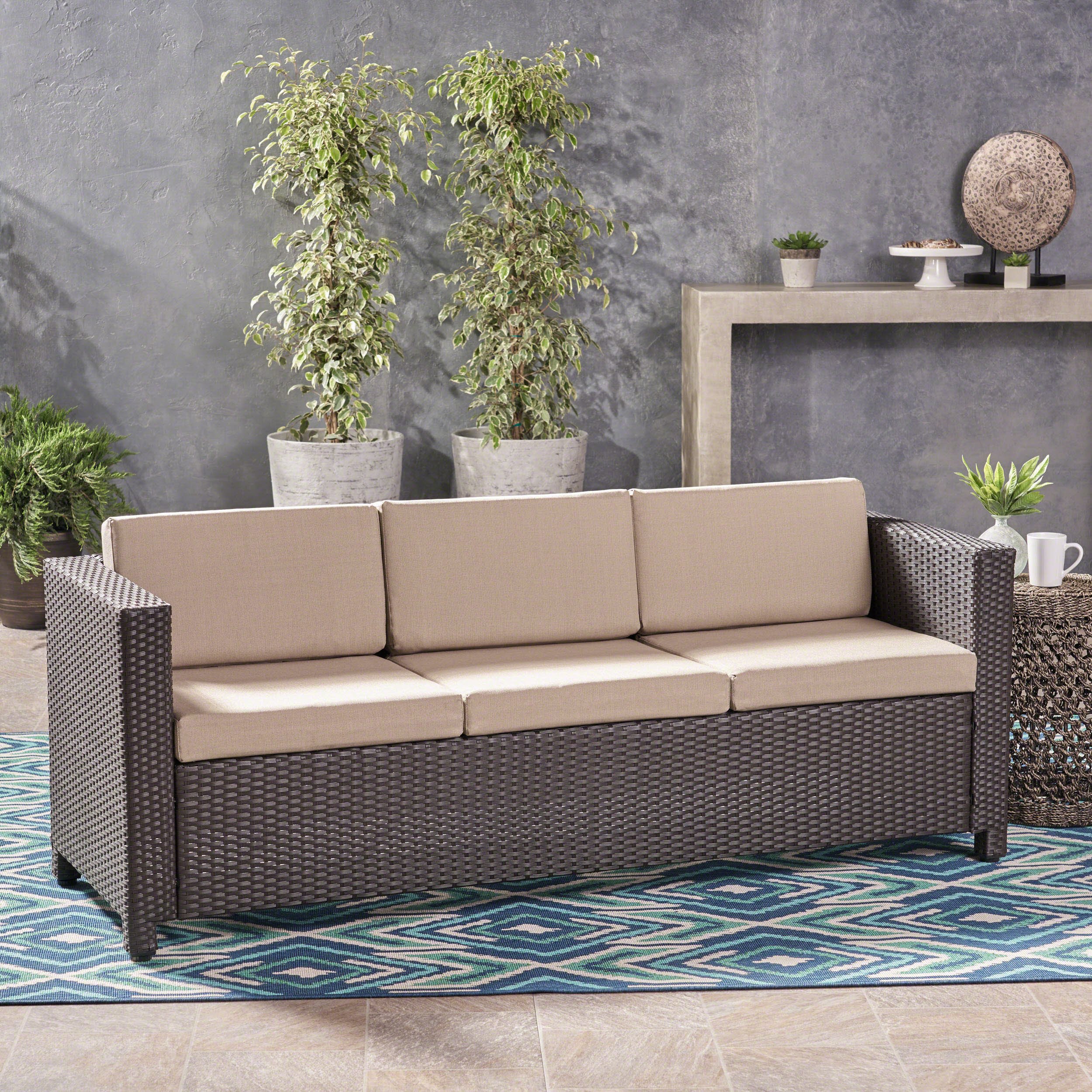 Christopher Knight Home Puerta Outdoor Wicker 3-Seater Sofa, Dark Brown / Beige Cushion