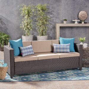 christopher knight home puerta outdoor wicker 3-seater sofa, dark brown / beige cushion