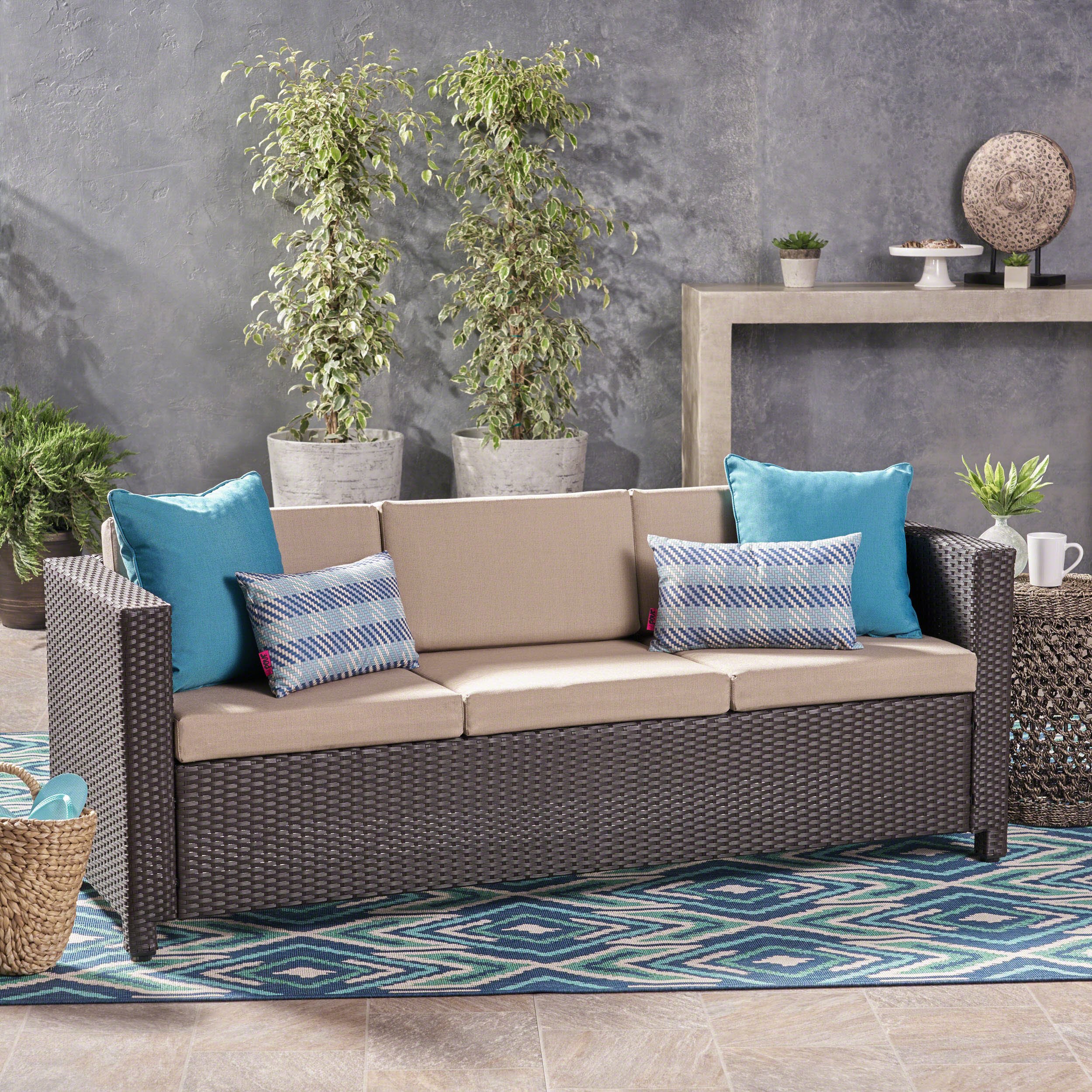 Christopher Knight Home Puerta Outdoor Wicker 3-Seater Sofa, Dark Brown / Beige Cushion