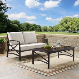 Crosley Furniture Kaplan 2-Piece Outdoor Coffee Table and Loveseat Patio Furniture Set for Porch, Deck, Oiled Bronze with Oatmeal Cushions