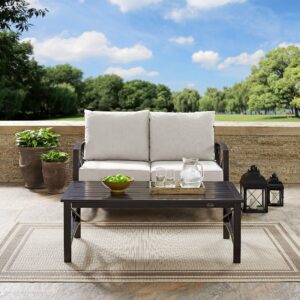 Crosley Furniture Kaplan 2-Piece Outdoor Coffee Table and Loveseat Patio Furniture Set for Porch, Deck, Oiled Bronze with Oatmeal Cushions