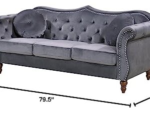 Container Furniture Direct Anna1 Chesterfield Velvet Couches for Living Room, Button Tufted Luxury Upholstery with Rolled Arms, High-Density Foam, Durable Wood Frame, 79.5" Sofa, Lava Gray