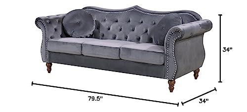 Container Furniture Direct Anna1 Chesterfield Velvet Couches for Living Room, Button Tufted Luxury Upholstery with Rolled Arms, High-Density Foam, Durable Wood Frame, 79.5" Sofa, Lava Gray