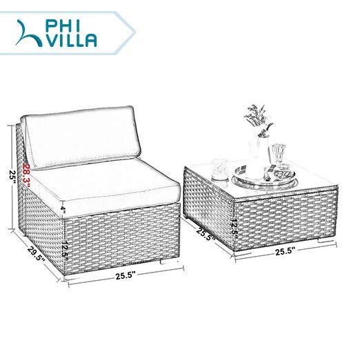 PHI VILLA 2 Piece Outdoor Patio Furniture Set, All Weather Wicker Sectional Sofa Set with Armless Chairs and Glass Table (Blue)