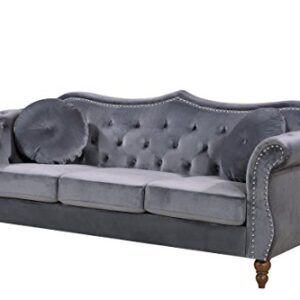 Container Furniture Direct Anna1 Chesterfield Velvet Couches for Living Room, Button Tufted Luxury Upholstery with Rolled Arms, High-Density Foam, Durable Wood Frame, 79.5" Sofa, Lava Gray