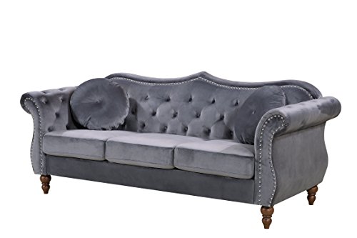 Container Furniture Direct Anna1 Chesterfield Velvet Couches for Living Room, Button Tufted Luxury Upholstery with Rolled Arms, High-Density Foam, Durable Wood Frame, 79.5" Sofa, Lava Gray