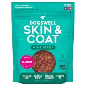 dogswell jerky skin and coat – mini salmon jerky dog treats with dog skin & coat support (4 oz. salmon)