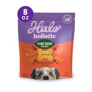 halo plant-based dog treats with sweet potato & carrots, vegan dog treat pouch, 8oz bag