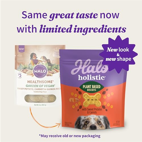 Halo Plant-Based Dog Treats with Sweet Potato & Carrots, Vegan Dog Treat Pouch, 8oz bag