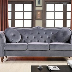 Container Furniture Direct Anna1 Chesterfield Velvet Couches for Living Room, Button Tufted Luxury Upholstery with Rolled Arms, High-Density Foam, Durable Wood Frame, 79.5" Sofa, Lava Gray