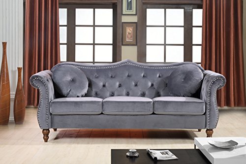 Container Furniture Direct Anna1 Chesterfield Velvet Couches for Living Room, Button Tufted Luxury Upholstery with Rolled Arms, High-Density Foam, Durable Wood Frame, 79.5" Sofa, Lava Gray