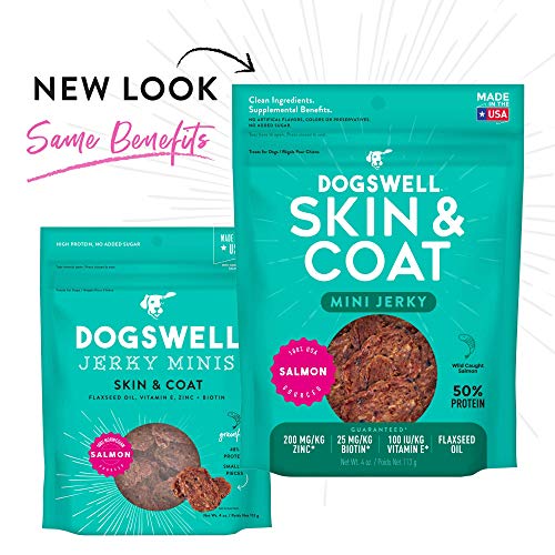 Dogswell Jerky Skin and Coat – Mini Salmon Jerky Dog Treats with Dog Skin & Coat Support (4 oz. Salmon)