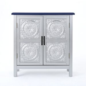 christopher knight home alana firwood cabinet with faux wood overlay, silver / navy blue