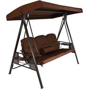 sunnydaze 3-person steel patio swing bench with adjustable tilt canopy - cushions and pillow included - brown