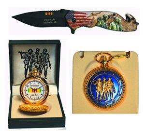 father's day gift (set) vietnam memorial embossed pocket watch + knife kn-1855 and p-317