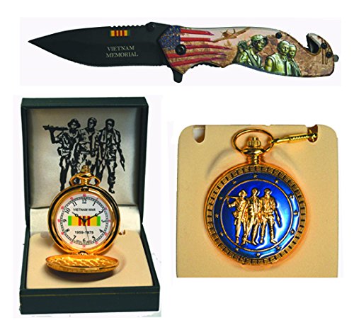 Father's Day Gift (Set) Vietnam Memorial Embossed Pocket watch + Knife KN-1855 and P-317