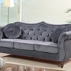 Container Furniture Direct Anna1 Chesterfield Velvet Couches for Living Room, Button Tufted Luxury Upholstery with Rolled Arms, High-Density Foam, Durable Wood Frame, 79.5" Sofa, Lava Gray