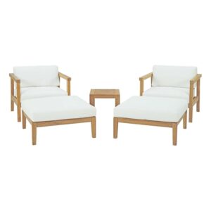 modway eei-3113-nat-whi-set bayport outdoor patio teak set, two armchairs, two ottomans, and side table, natural white