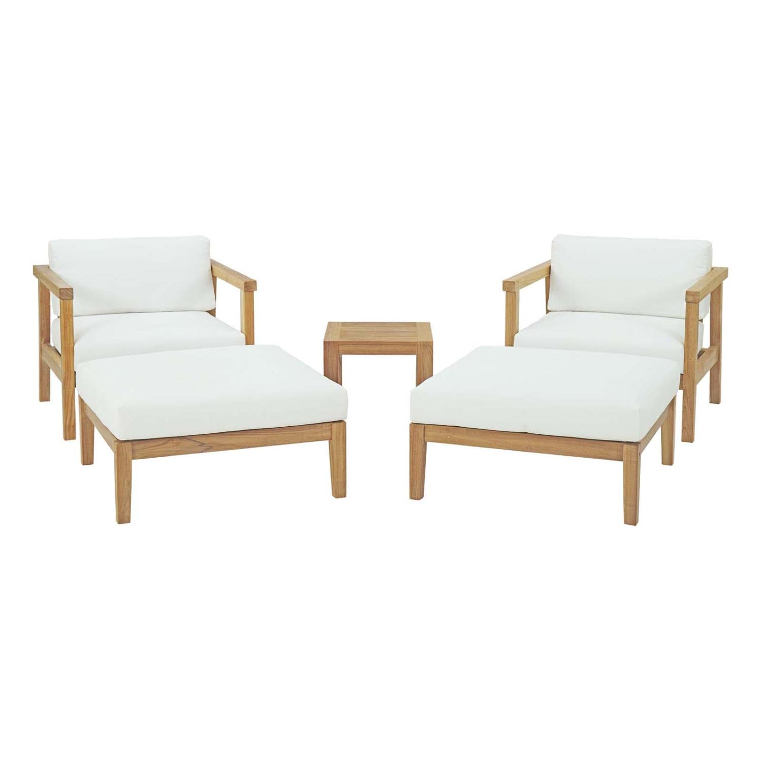 Modway EEI-3113-NAT-WHI-SET Bayport Outdoor Patio Teak Set, Two Armchairs, Two Ottomans, and Side Table, Natural White