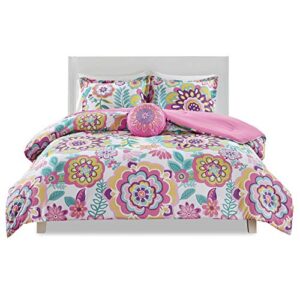 Mi Zone Camille Comforter Set, Vibrant Flowers Design All Season Teen Bedding, Matching Sham, Decorative Pillow, Girls Bedroom Décor, Full/Queen, Pink 4 Piece