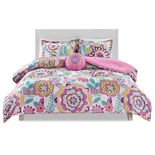 Mi Zone Camille Comforter Set, Vibrant Flowers Design All Season Teen Bedding, Matching Sham, Decorative Pillow, Girls Bedroom Décor, Full/Queen, Pink 4 Piece