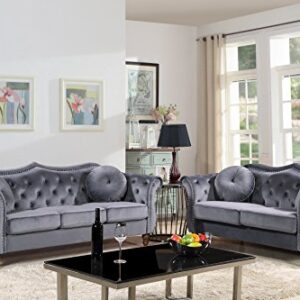 Container Furniture Direct Anna1 Chesterfield Velvet Couches for Living Room, Button Tufted Luxury Upholstery with Rolled Arms, High-Density Foam, Durable Wood Frame, 79.5" Sofa, Lava Gray