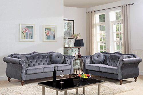 Container Furniture Direct Anna1 Chesterfield Velvet Couches for Living Room, Button Tufted Luxury Upholstery with Rolled Arms, High-Density Foam, Durable Wood Frame, 79.5" Sofa, Lava Gray