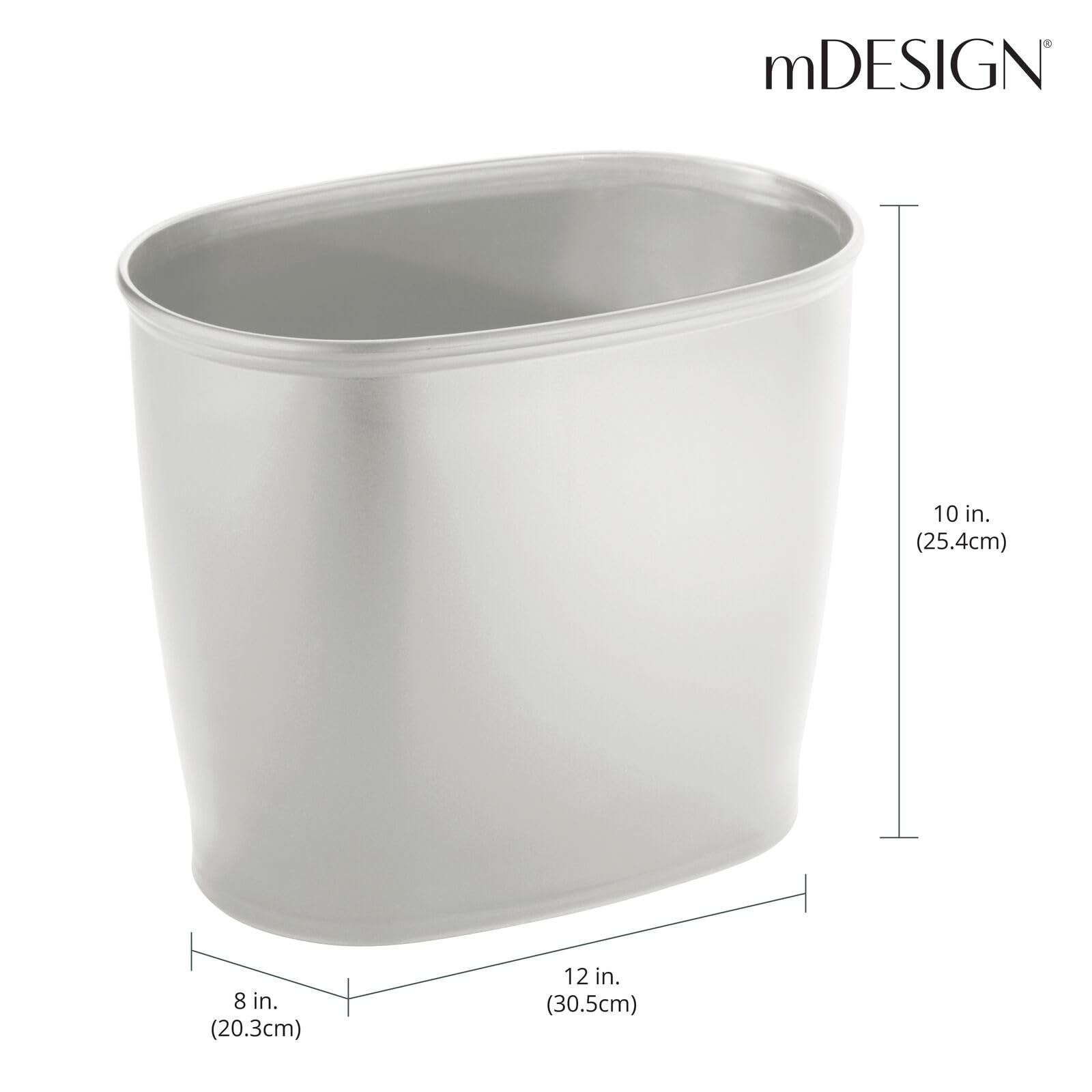 mDesign Plastic Oval Small 2.25 Gallon/8.5 Liter Trash Can Wastebasket, Garbage Container Bin for Bathroom, Kitchen, Office, Dorm - Holds Waste, Refuse, Recycling, Hyde Collection, Gray