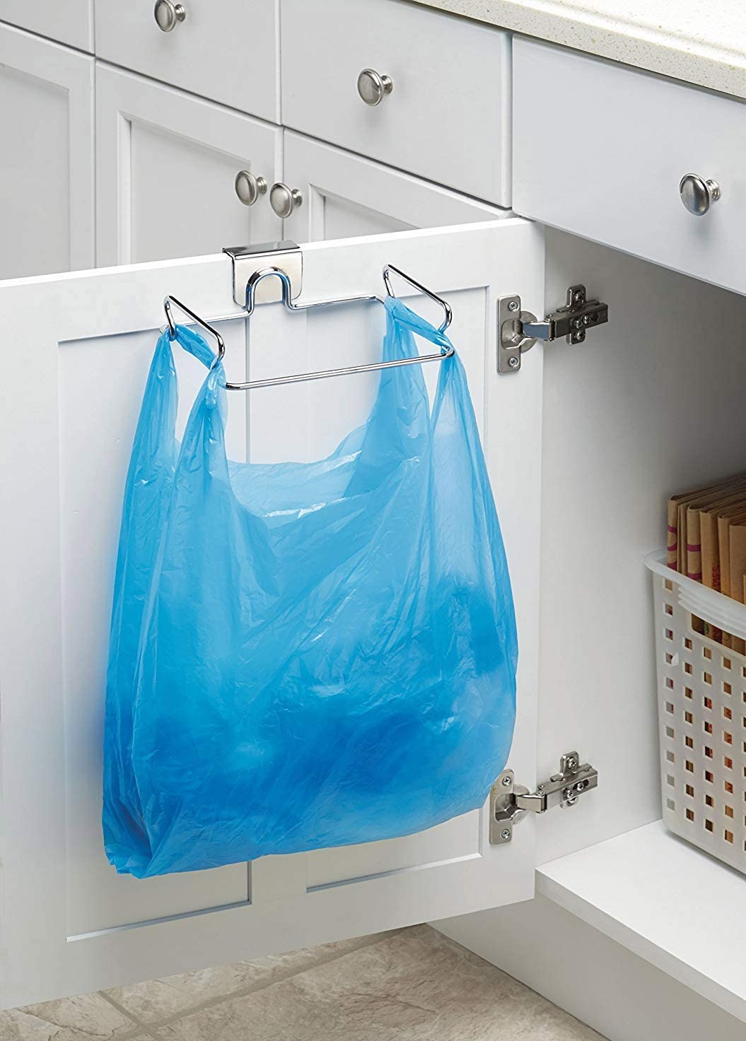 Hanging Garbage Bags Storage Rack Stainless Steel Trash Bag Holder Towel Gloves Hanger for Kitchen Cabinet Cupboard Drawer Back