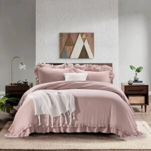 meadow park stone washed linen duvet cover set 3 pieces, queen size 90 inches x 92 inches, shams 20 inches x 26 inches, double ruffled style, button closure, corner ties, super soft, solid blush color