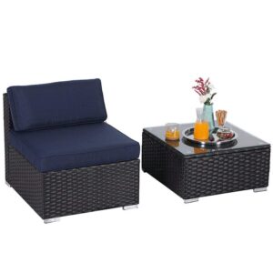 phi villa 2 piece outdoor patio furniture set, all weather wicker sectional sofa set with armless chairs and glass table (blue)