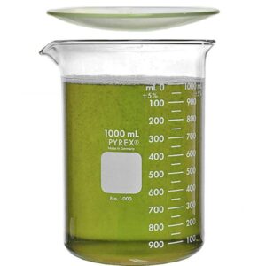 corning pyrex 1000-1l, 1000ml glass beaker with corning pyrex 9985-125, 125mm watch glass, low form griffin, double scale (single)