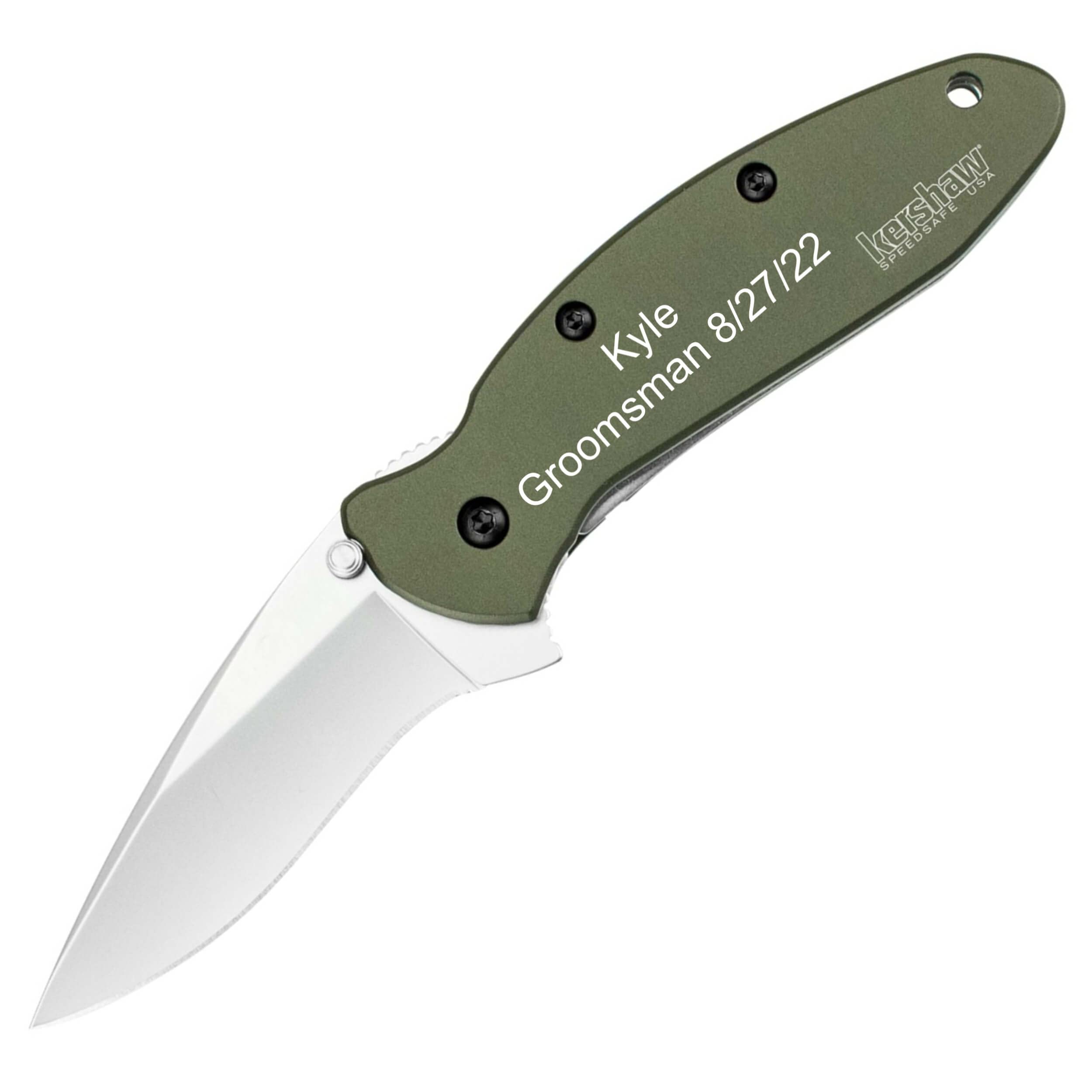 Palmetto Wood Shop - Engraved Kershaw Scallion 1620OL Pocket Knife Gift for Men, Folding Knife for Hunting, Fishing, Camping, Everyday Carry - 2.25-inch Stainless Steel Blade, 3.5-inch Aluminum Handle