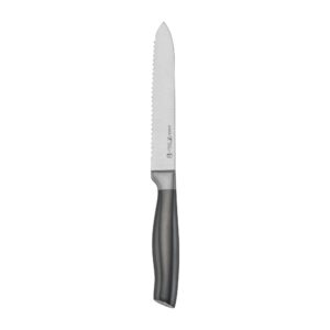 henckels graphite razor-sharp 5-inch tomato knife, german engineered informed by 100+ years of mastery, serrated utility knife, vegetable knife, gray