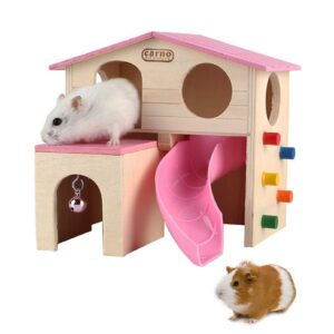 kathson pet small animal hideout hamster house with funny climbing ladder slide wooden hut play toys chews for small animals like dwarf hamster and mouse(pink)