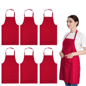 loyhuang total 6pcs red aprons bulk for women unisex plain colour bib aprons with 2 front pockets washable apron for painting cooking baking kitchen restaurant crafting