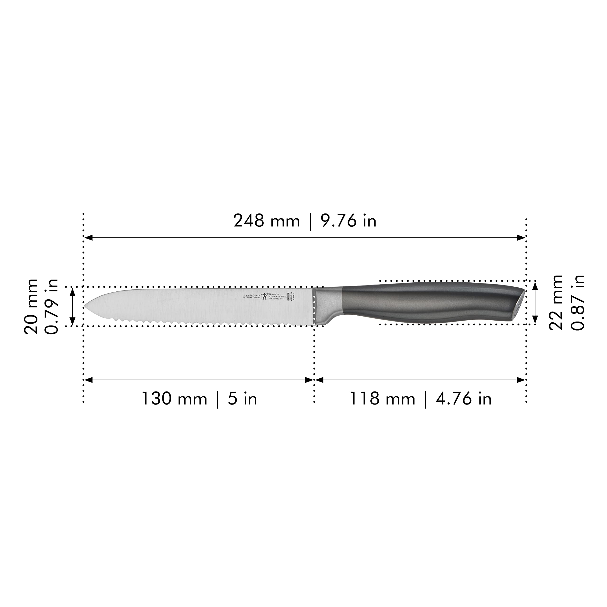 HENCKELS Graphite Razor-Sharp 5-inch Tomato Knife, German Engineered Informed by 100+ Years of Mastery, Serrated Utility Knife, Vegetable Knife, Gray