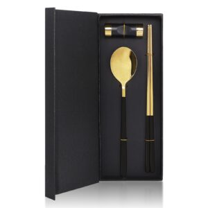 stainless steel chopsticks spoons and chopsticks holders, flatware gift set (black golden)