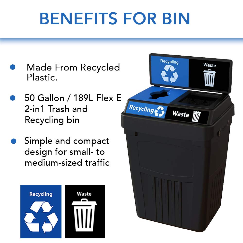 CleanRiver Flex E Bin - 50 Gallons | 2-in-1 Streams | Recycling, & Waste Basket with Backboard | Black Color