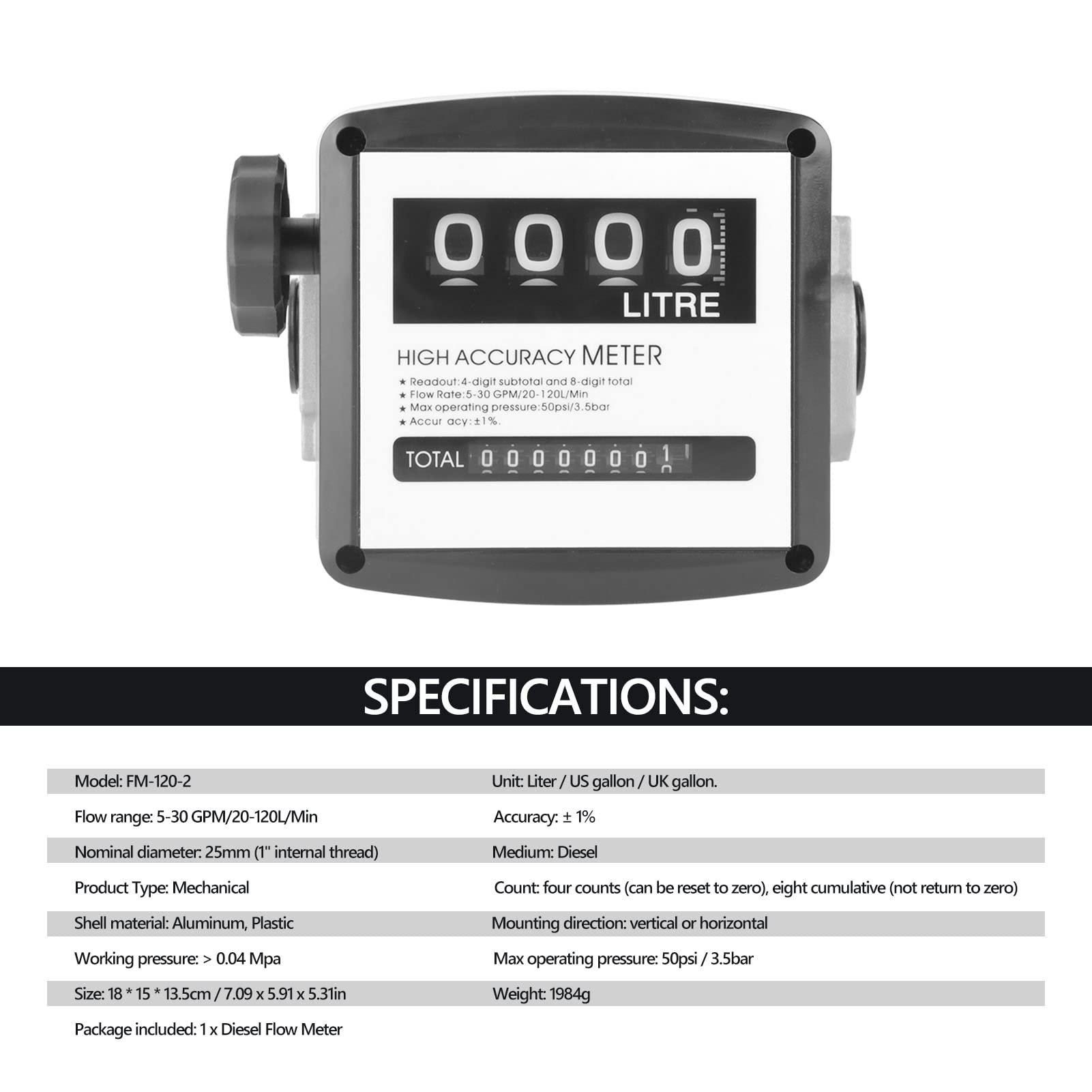 Mechanical Fuel Meter 4-Digit Diesel Fuel Oil Flow Mechanical Fuel Flow Meter Flowmeter for Disel Tank Transfer Pumps 25mm (1" Internal Thread) 5-30 GPM/20-120L/Min