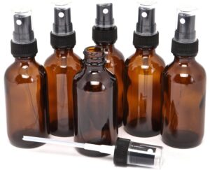 6 amber 4oz boston round glass bottle black spray fine ribbed mist sprayer