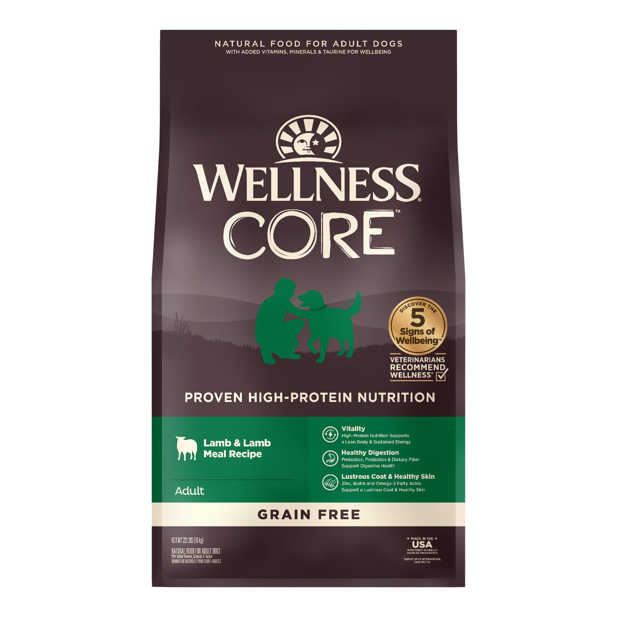 Wellness CORE Grain-Free High-Protein Dry Dog Food, Natural Ingredients, Made in USA with Real Meat, All Breeds, For Adult Dogs (Lamb, 22-Pound Bag)