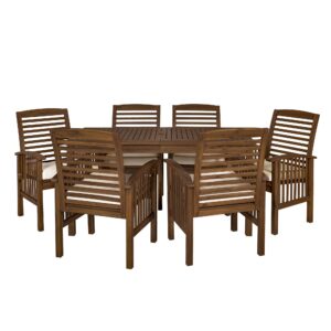 Walker Edison Rendezvous Modern 7 Piece Solid Acacia Wood Outdoor Dining Set, Set of 7, Dark Brown