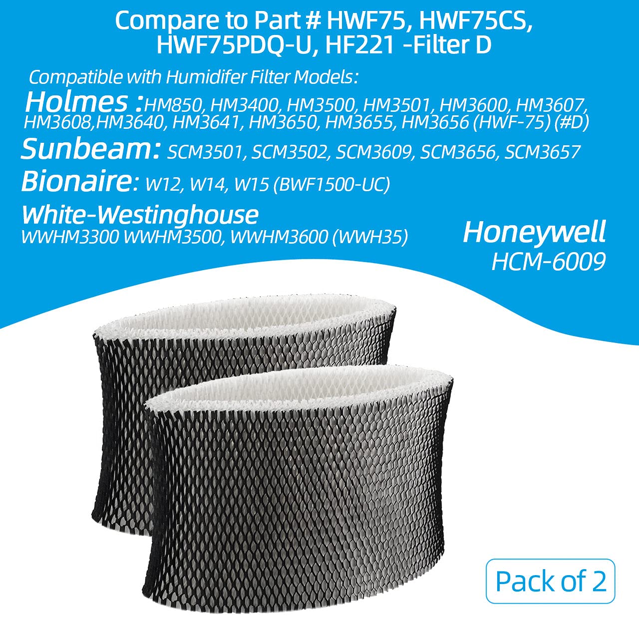 ANTOBLE Humidifier Filters Replacements for Holmes HWF72 HWF75 HWF75CS HWF75PDQ-U; Sunbeam SCM3501 SCM3502 SCM3656 SCM3657 SCM3609P Humidifier - 2 Pack